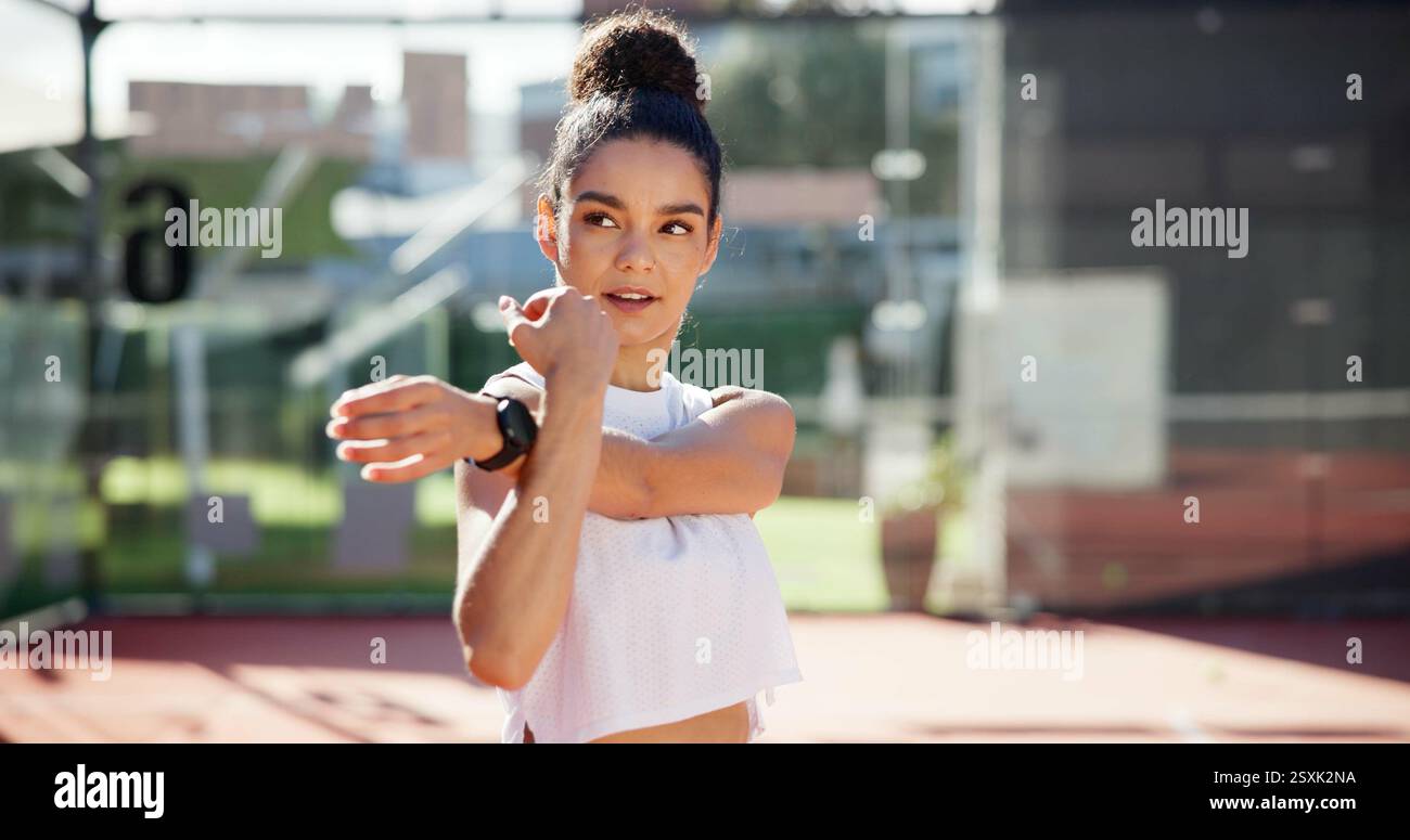 Sports player, woman and stretching arms for practice warm up, tennis ...