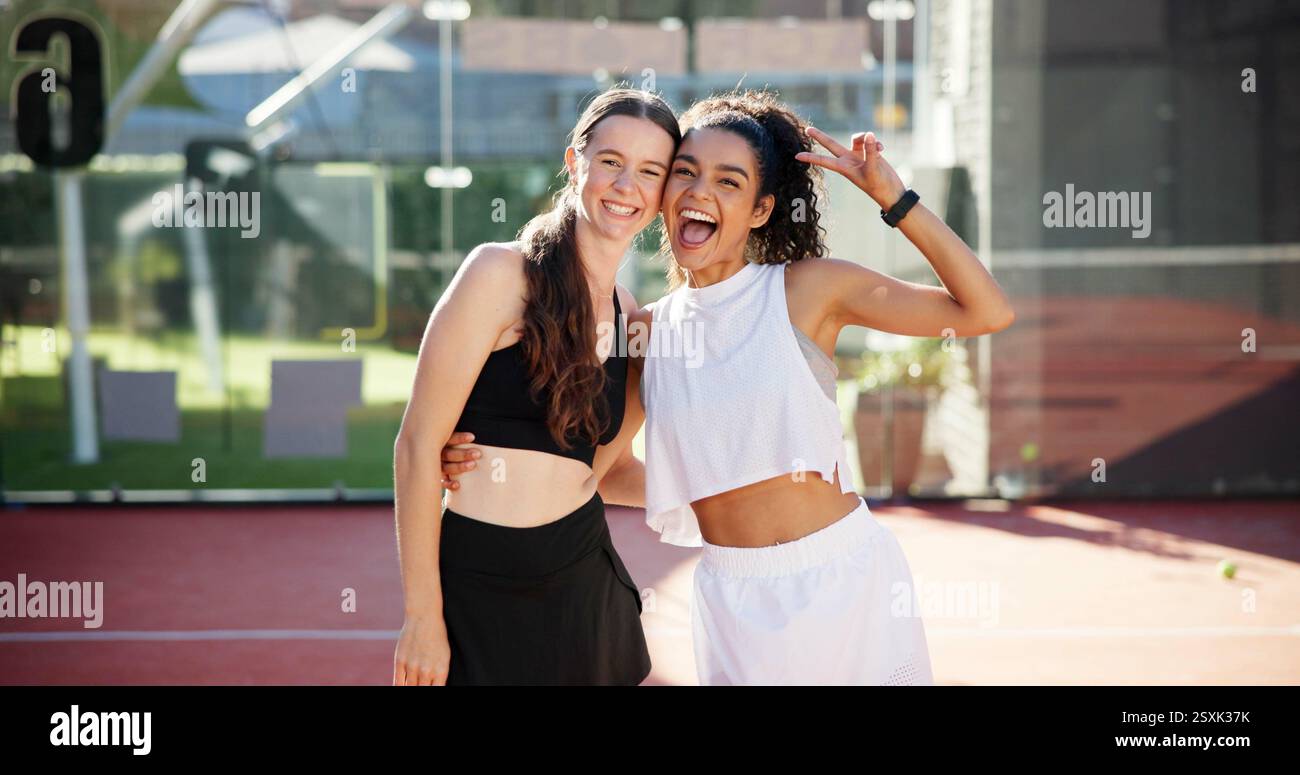 Sports, peace sign and portrait of women on tennis court for playing ...