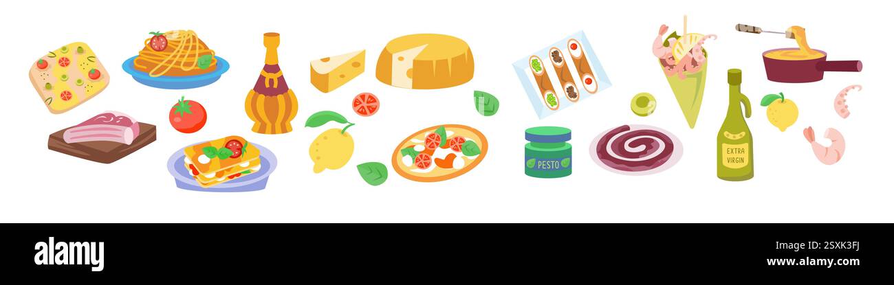 Set of food, food products of Italy. Food products and traditional ...