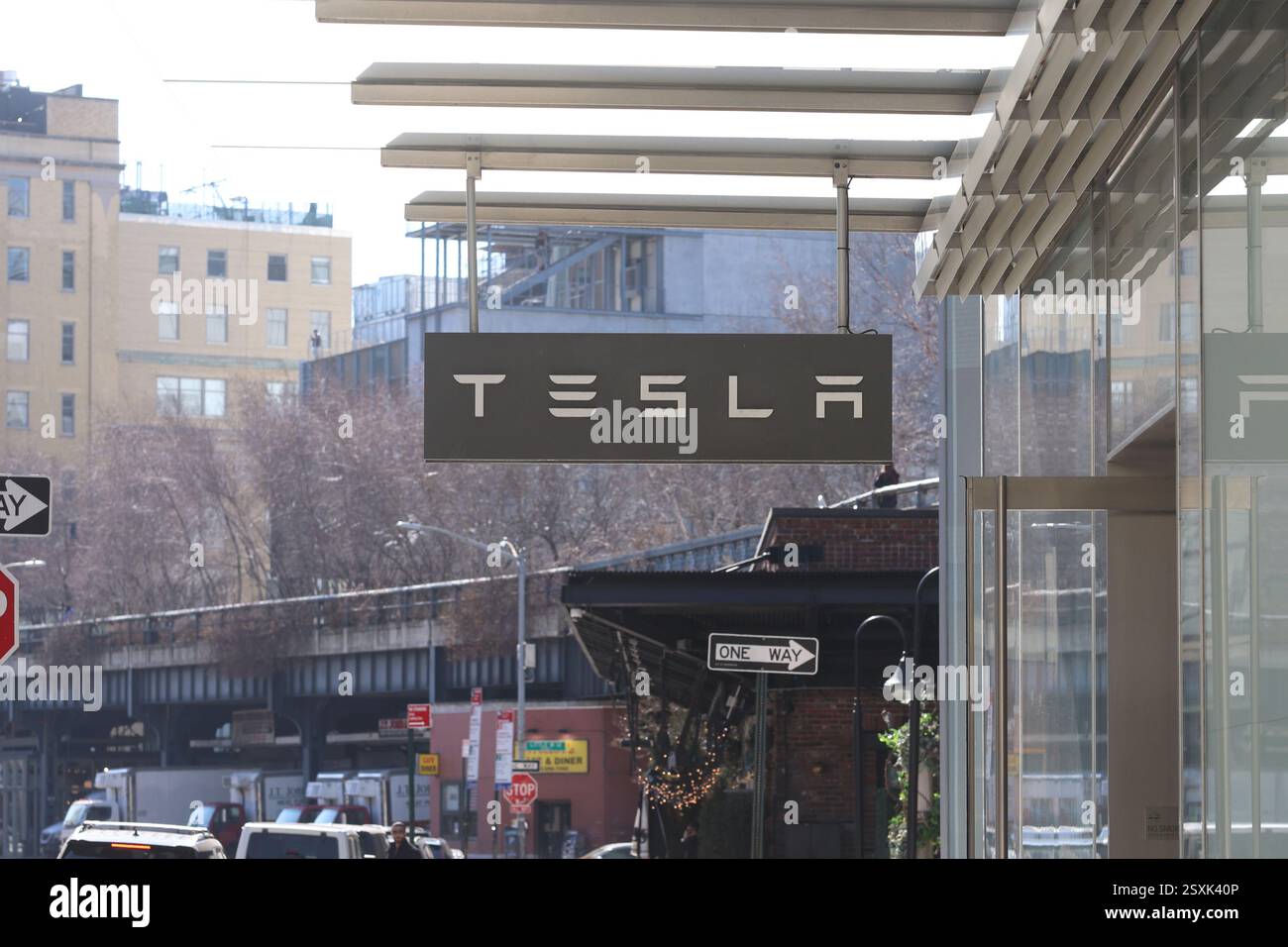 New York, United States. 23rd Feb, 2025. Tesla sign outside of Tesla ...
