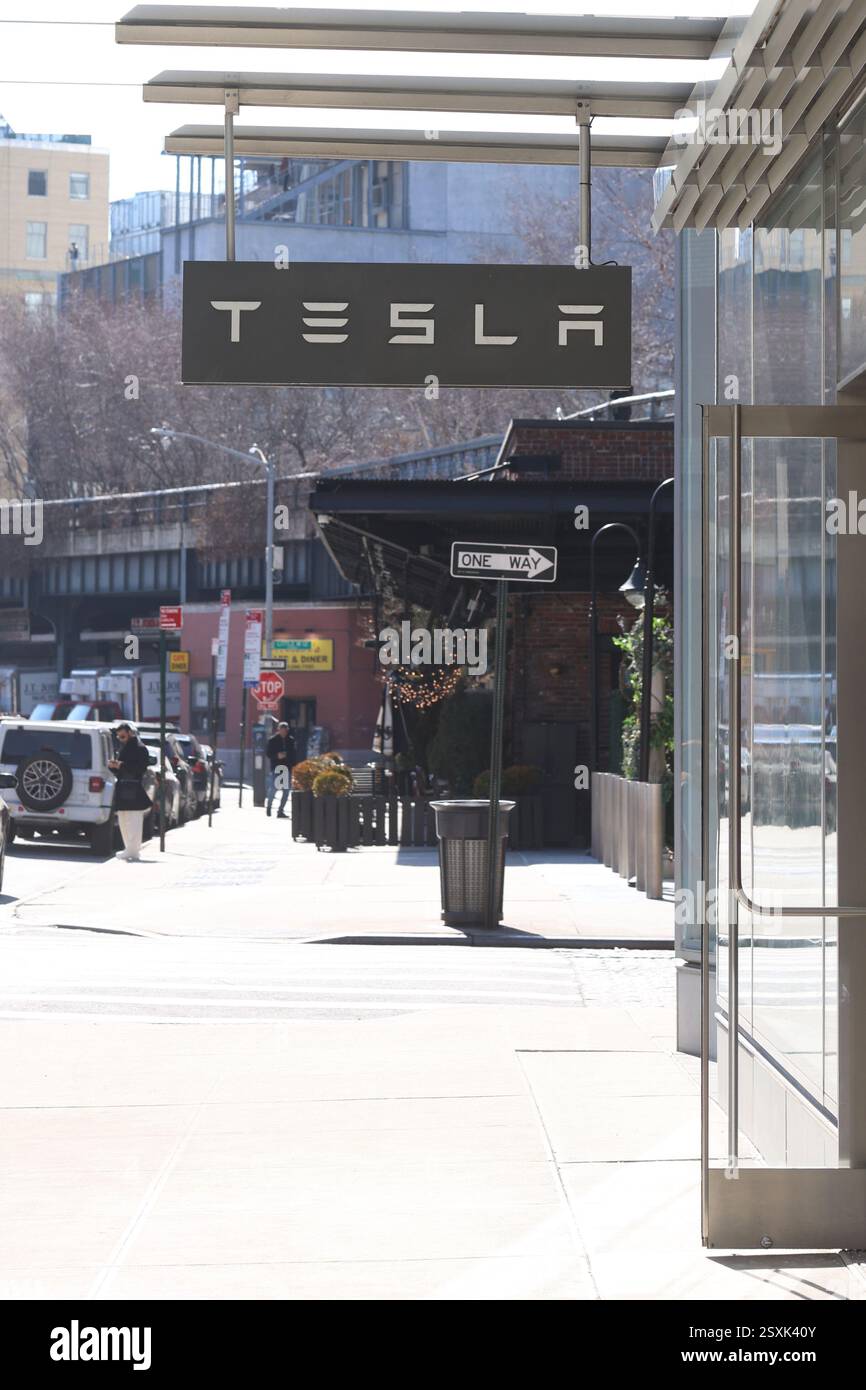 New York, United States. 23rd Feb, 2025. Tesla sign outside of Tesla ...