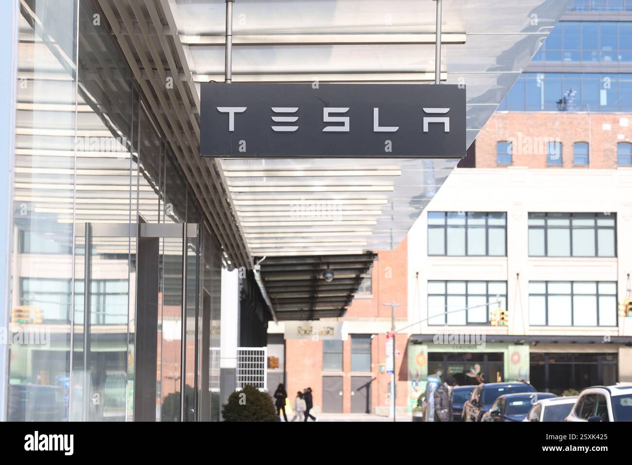 New York, United States. 23rd Feb, 2025. Tesla sign outside of Tesla ...