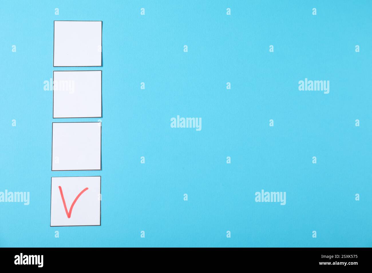 One checkbox with tick mark among others on light blue background, flat ...