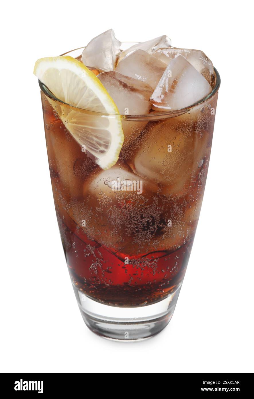 Refreshing cola with slice of lemon and ice cubes in glass isolated on white Stock Photo - Alamy