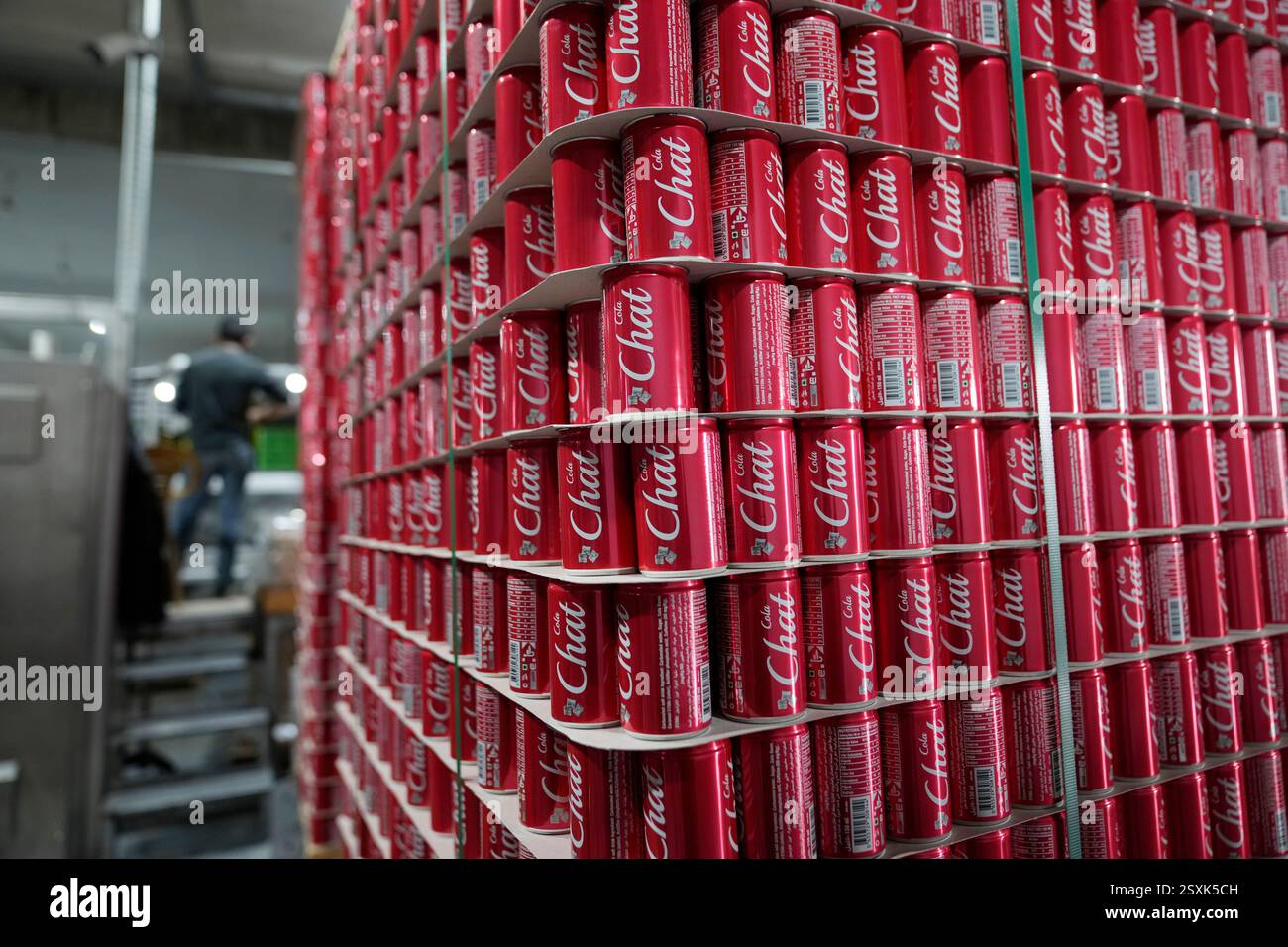 Pallets of branded aluminum cans at the production line in the ...
