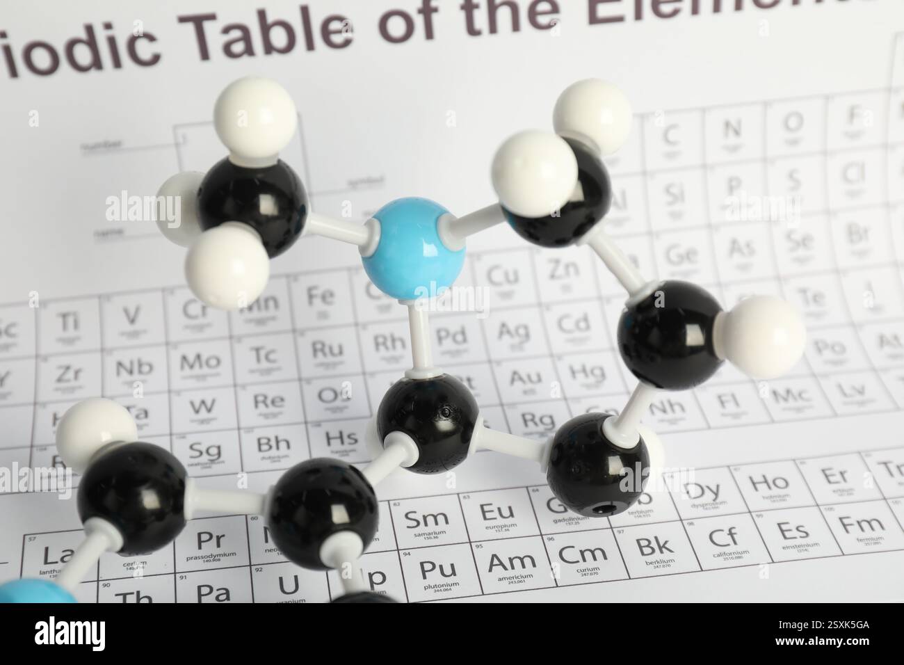 Chemical model of molecule on periodic table, closeup Stock Photo - Alamy