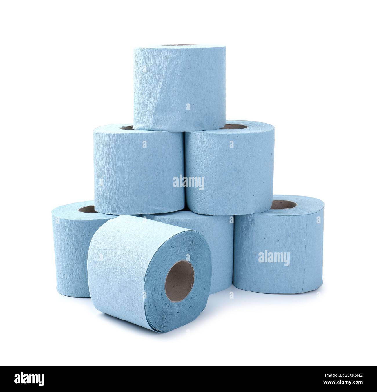 Stacked light blue toilet paper rolls isolated on white Stock Photo - Alamy