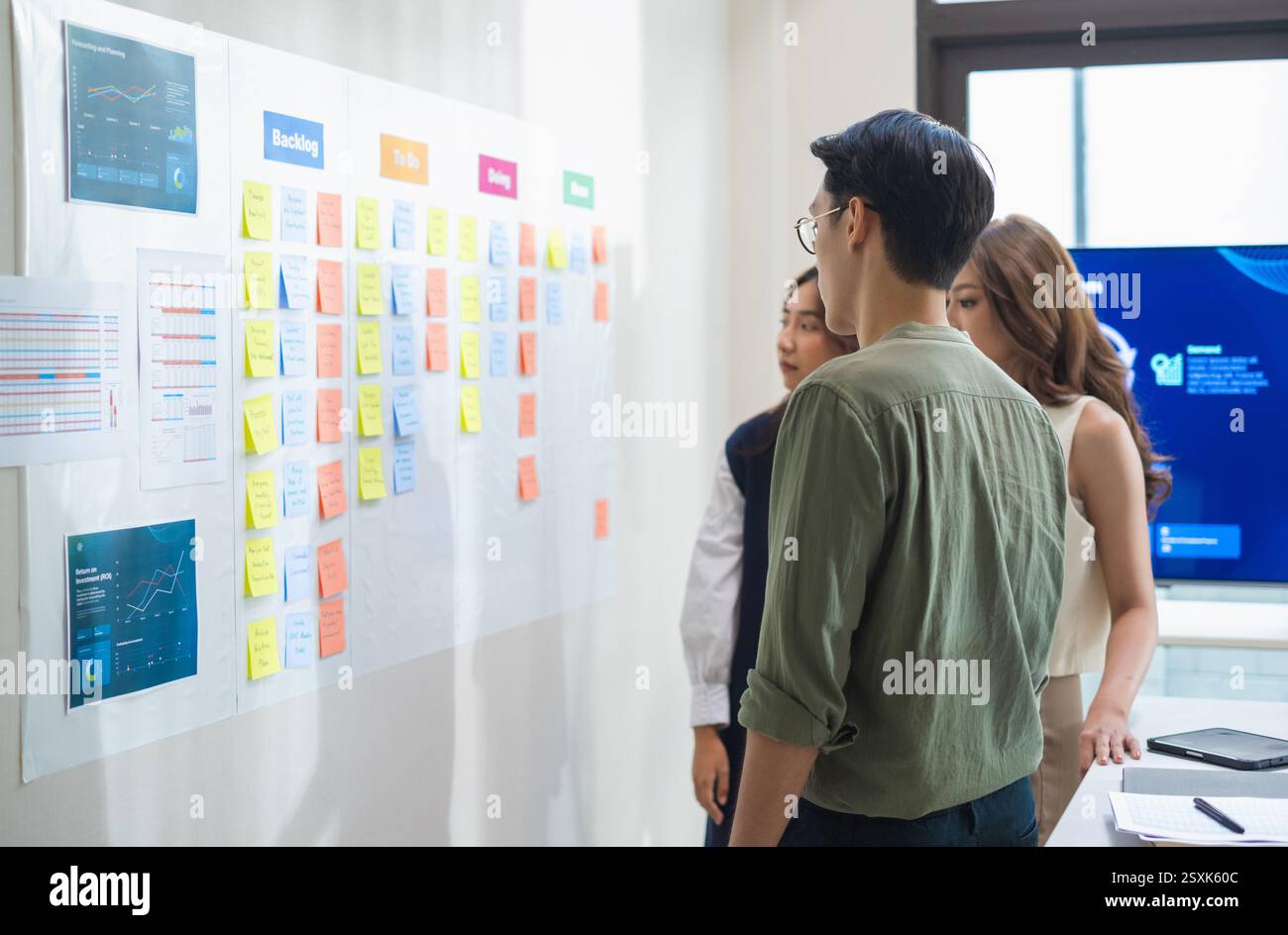 brainstorming session, using sticky notes on a task board (kanban) to ...