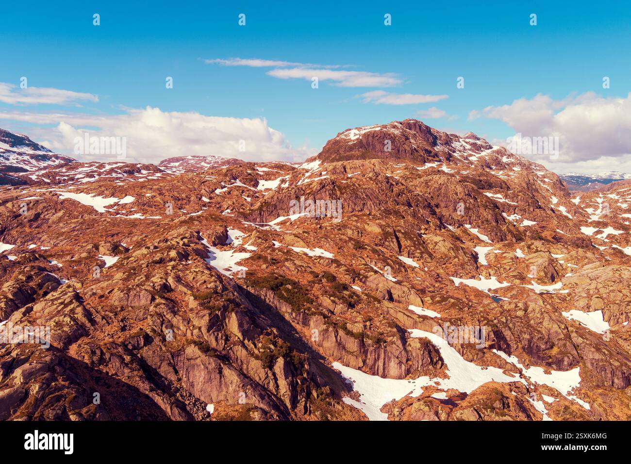 Peaks of the mountains, covered with melting snow. Nature park in Sauda ...