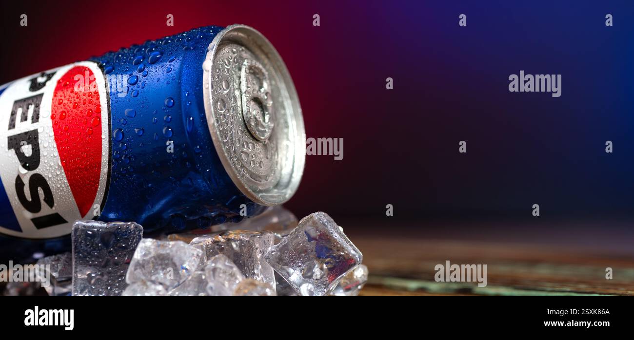 Close-up of a can of coca cola. Pepsi advertisement. Iron can of cola ...