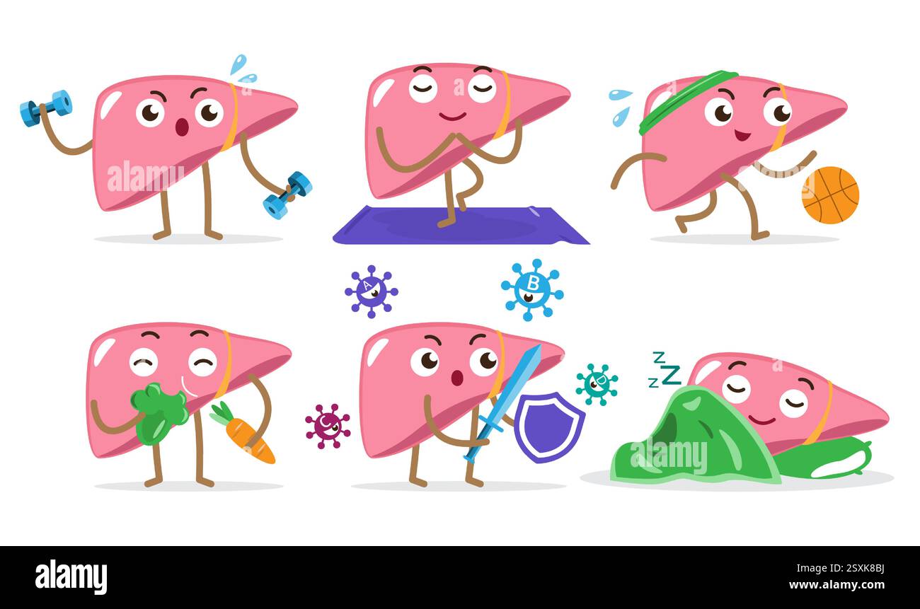Healthy liver . Set of cute medical cartoon characters . Isolated white ...