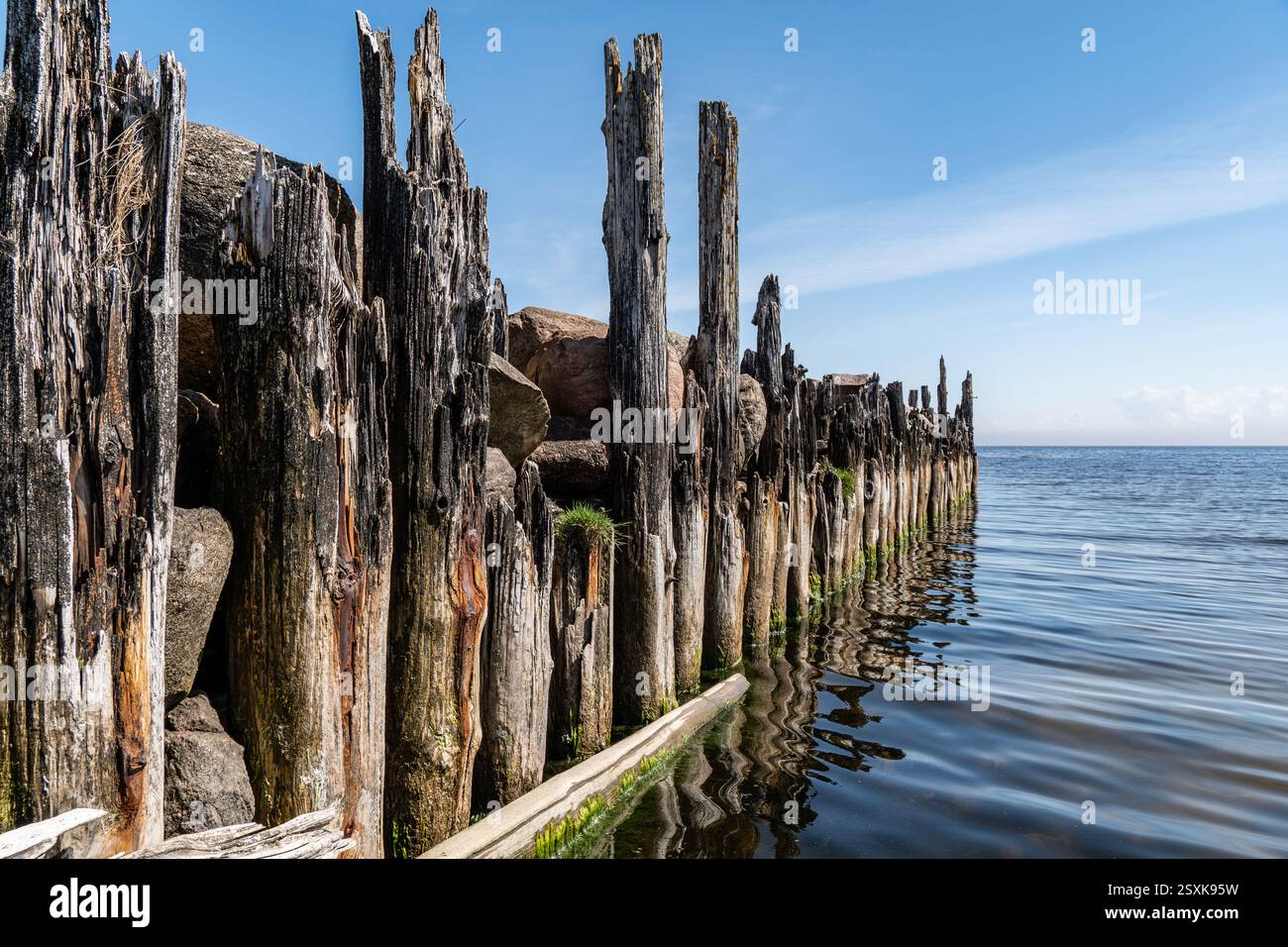 A harbour pier with worn logs and sea grass encrusted stones and a ...
