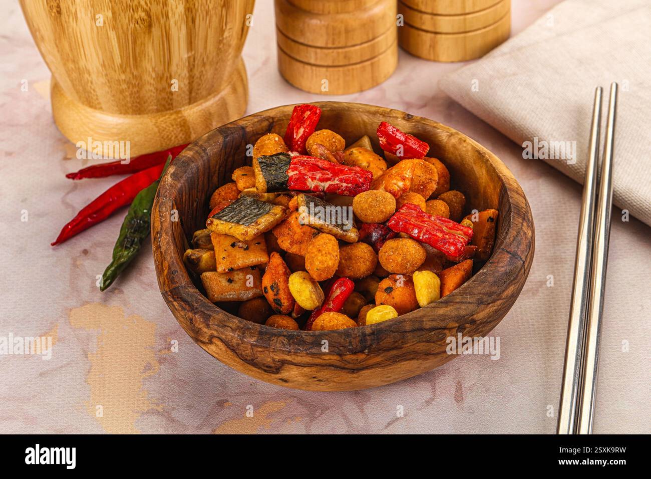 Japanese snack - Chili mame arare rice spicy cracker Stock Photo - Alamy