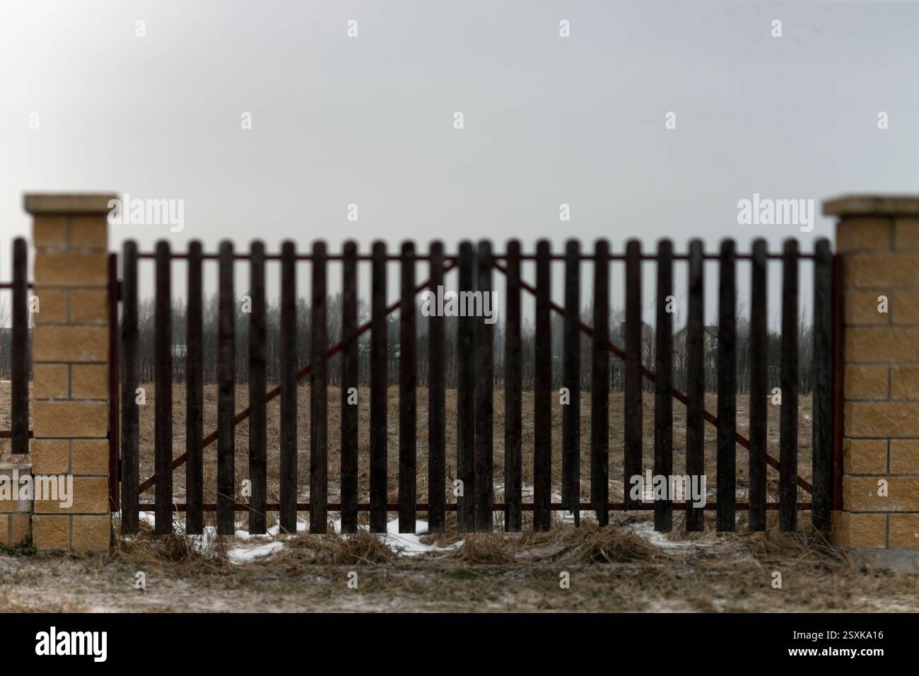 closed entry gate and empty property behind it, autumn gloomy day shot ...