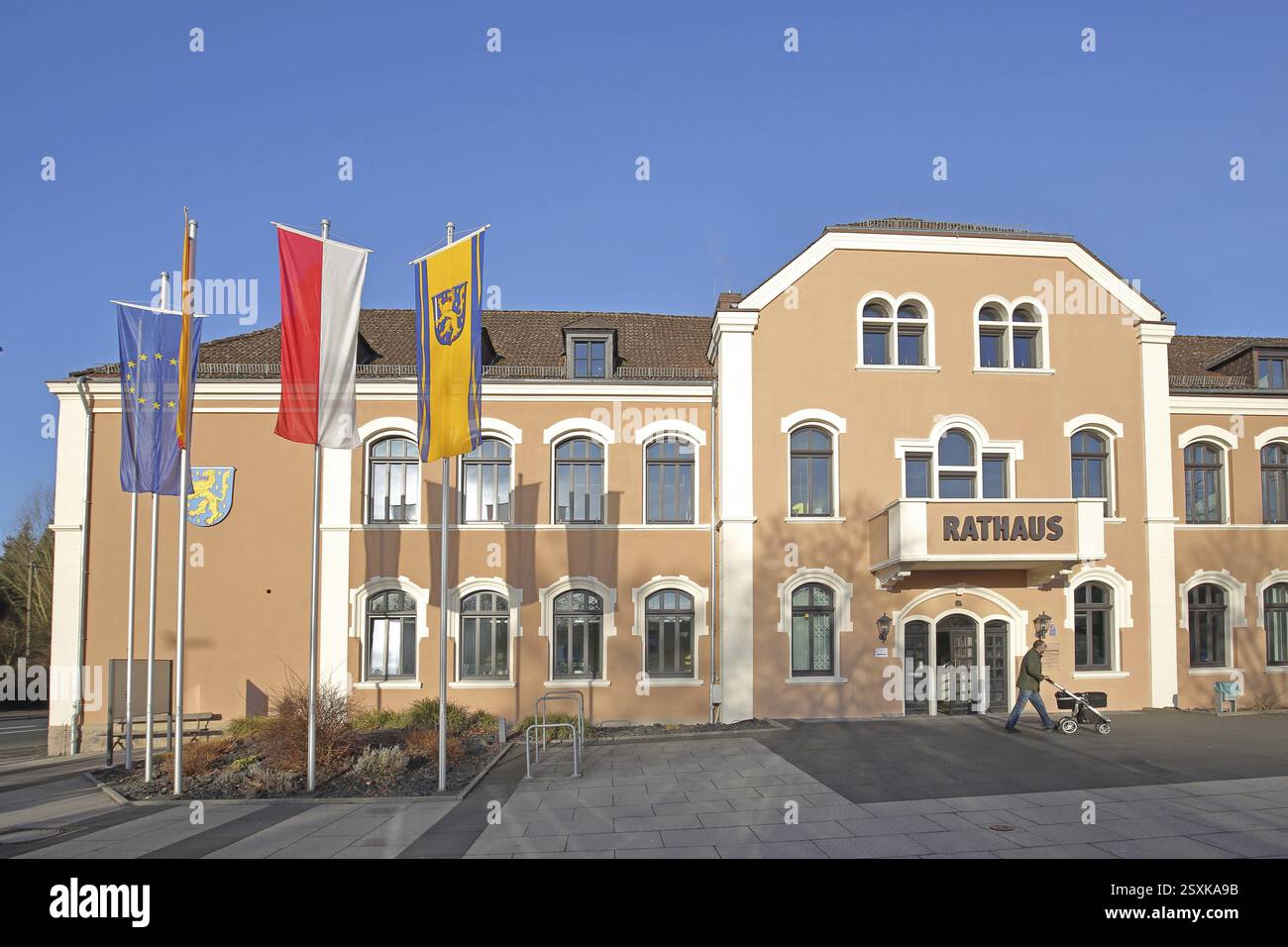 Town hall with EU flag, Hessian state flag and district flag, Rheingau ...