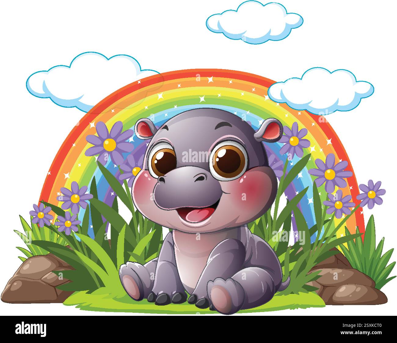 Adorable hippo sitting under a colorful rainbow Stock Vector Image ...
