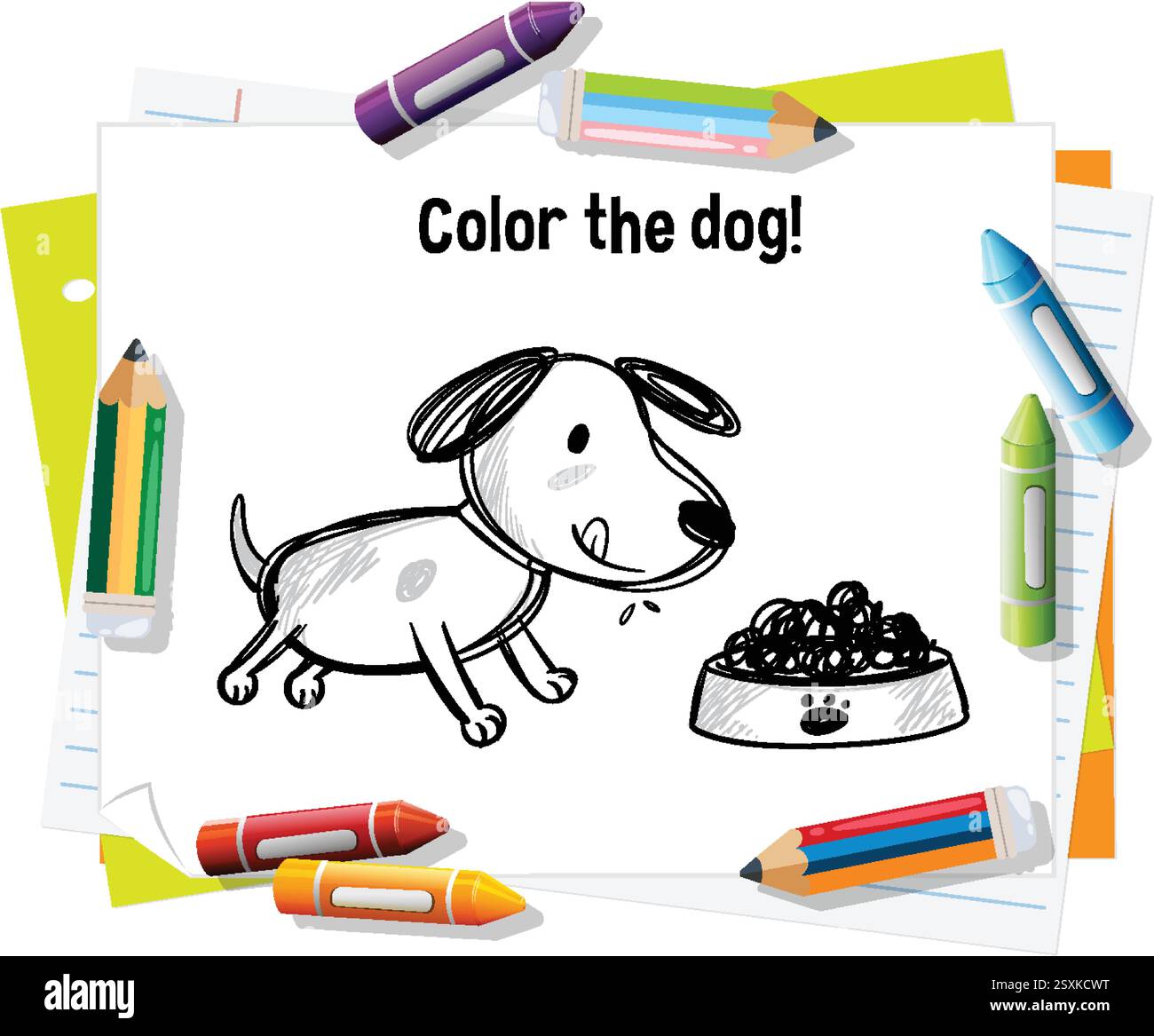 Dog illustration surrounded by colorful crayons and paper Stock Vector ...