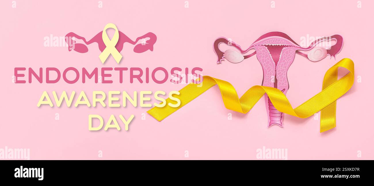 Yellow ribbon and paper uterus on pink background. Banner for ...