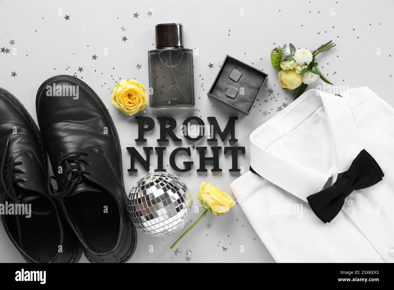 Words PROM NIGHT with male shoes, shirt and perfume bottle on white ...