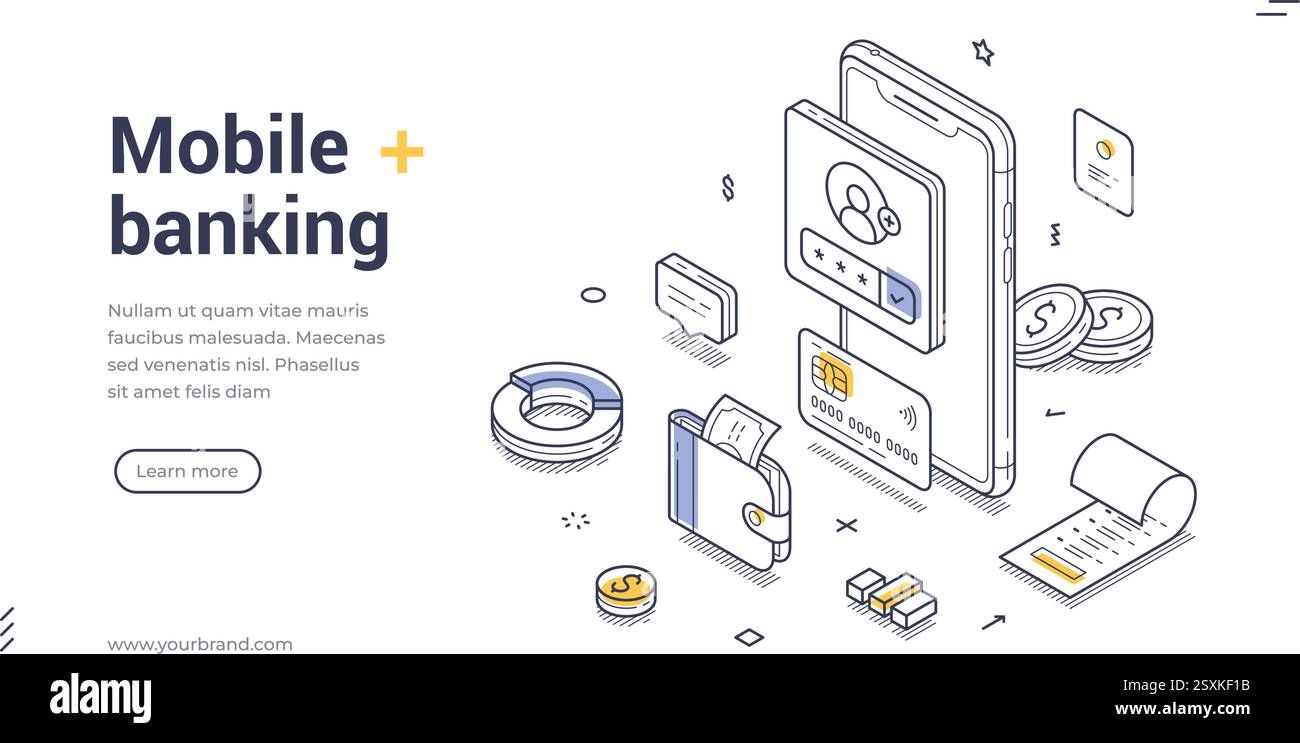 Isometric web banner template showcases mobile banking features with ...