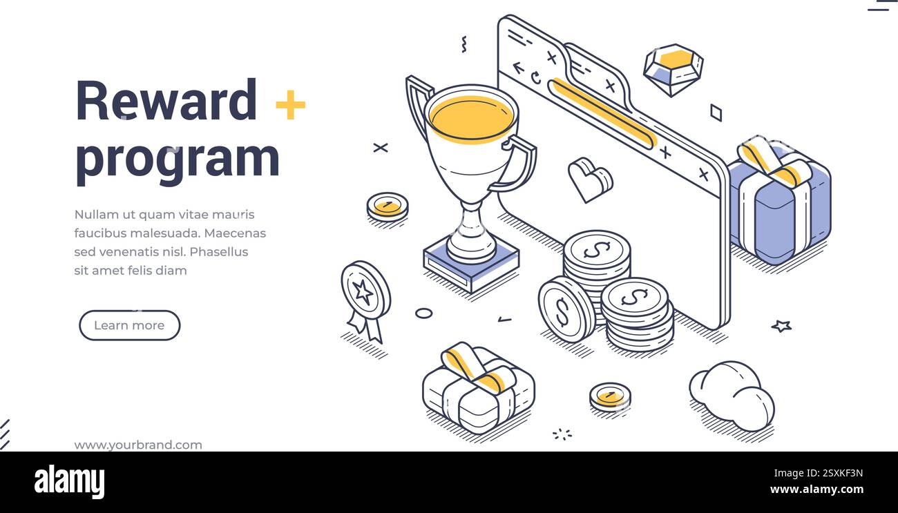 Reward program concept with icons including a trophy, coins, and gift ...