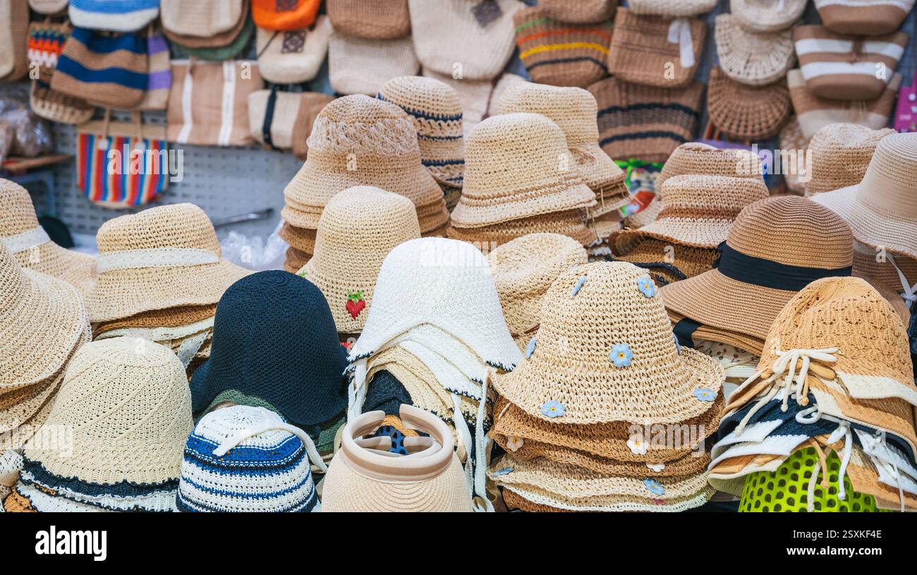 summer beach hats for women woven from bamboo on the Asian market in ...