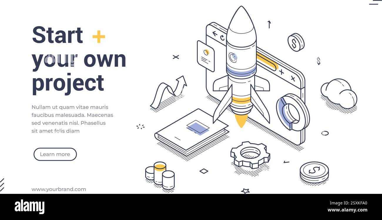 Start your own project. Isometric web banner template features a rocket ...