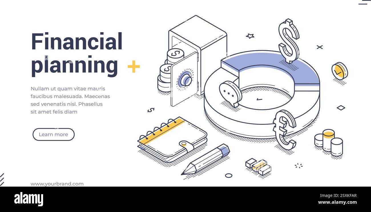 Financial planning concept. Web banner template showcases isometric ...