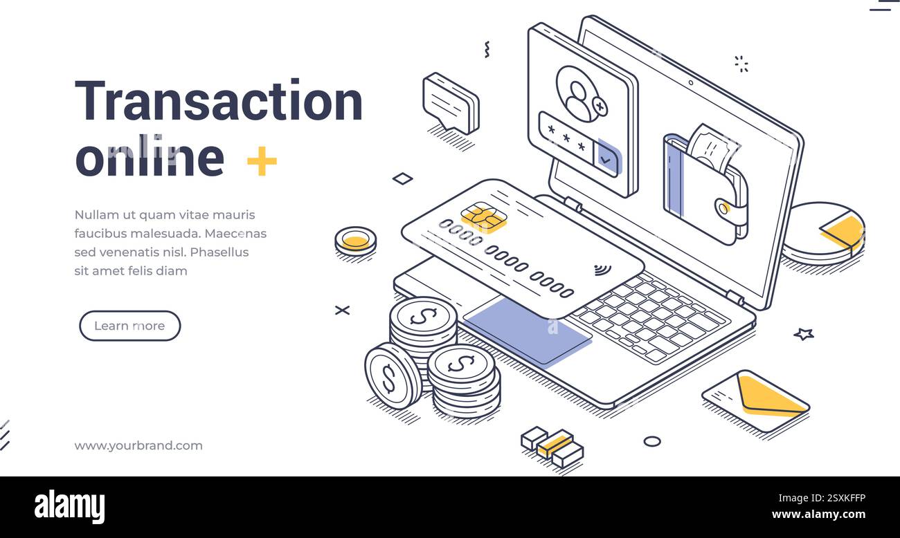 Online transaction web banner template. It showcases a laptop, digital wallet, and currency ...