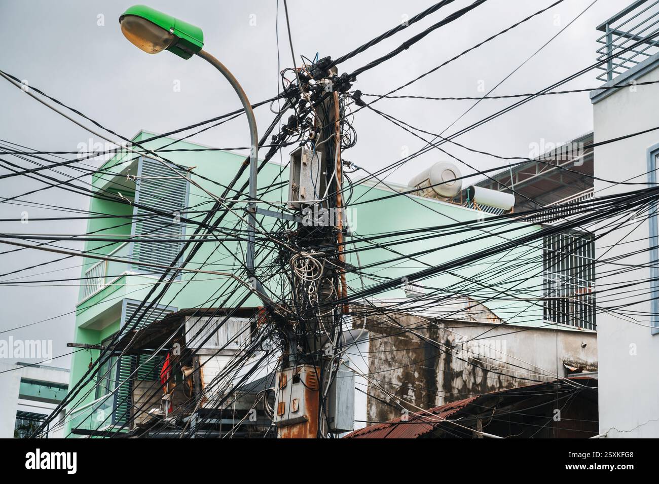 mess in the electricity wires on the street in a city in Asia in ...