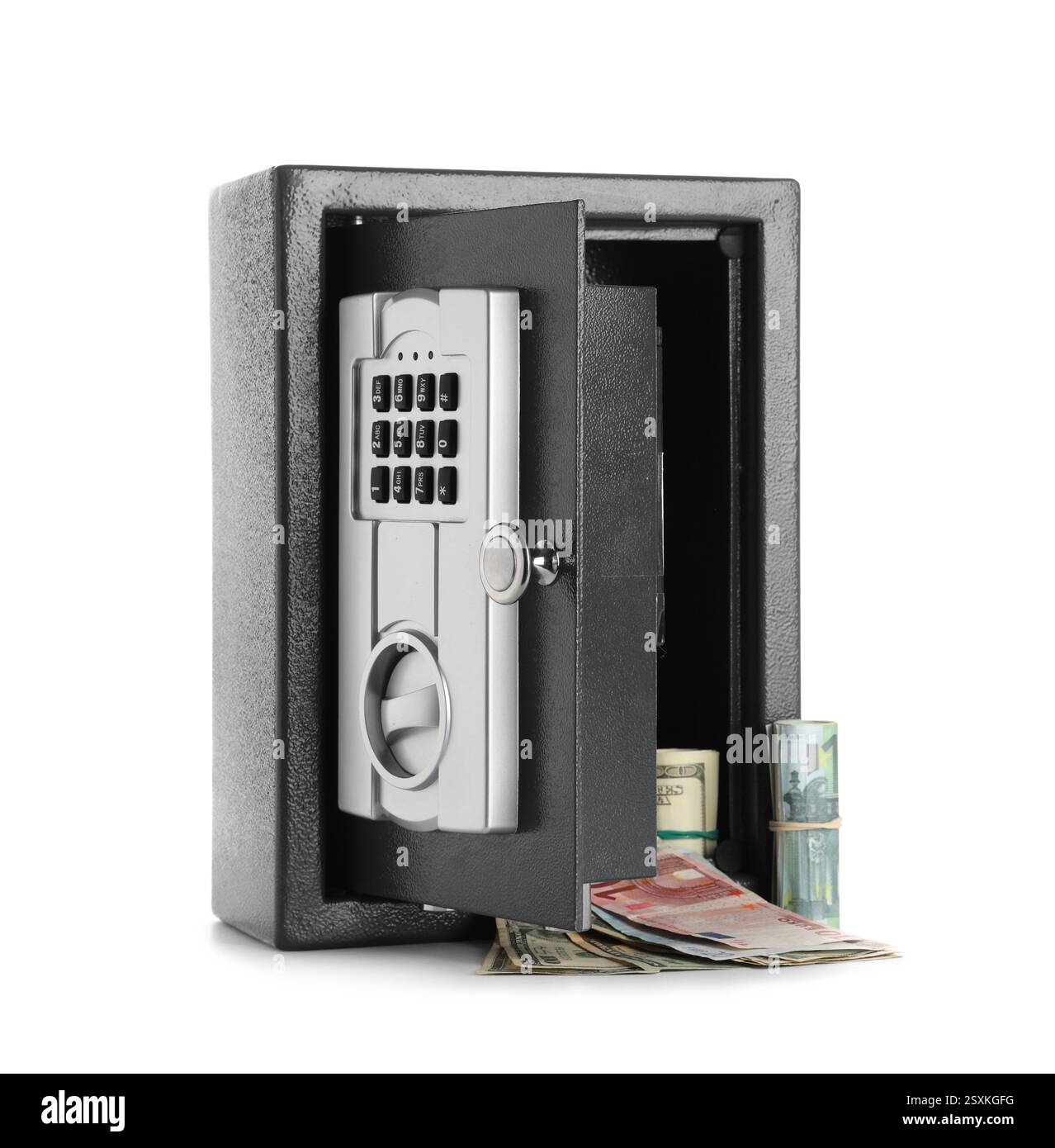 Open modern safe box with money isolated on white background Stock ...