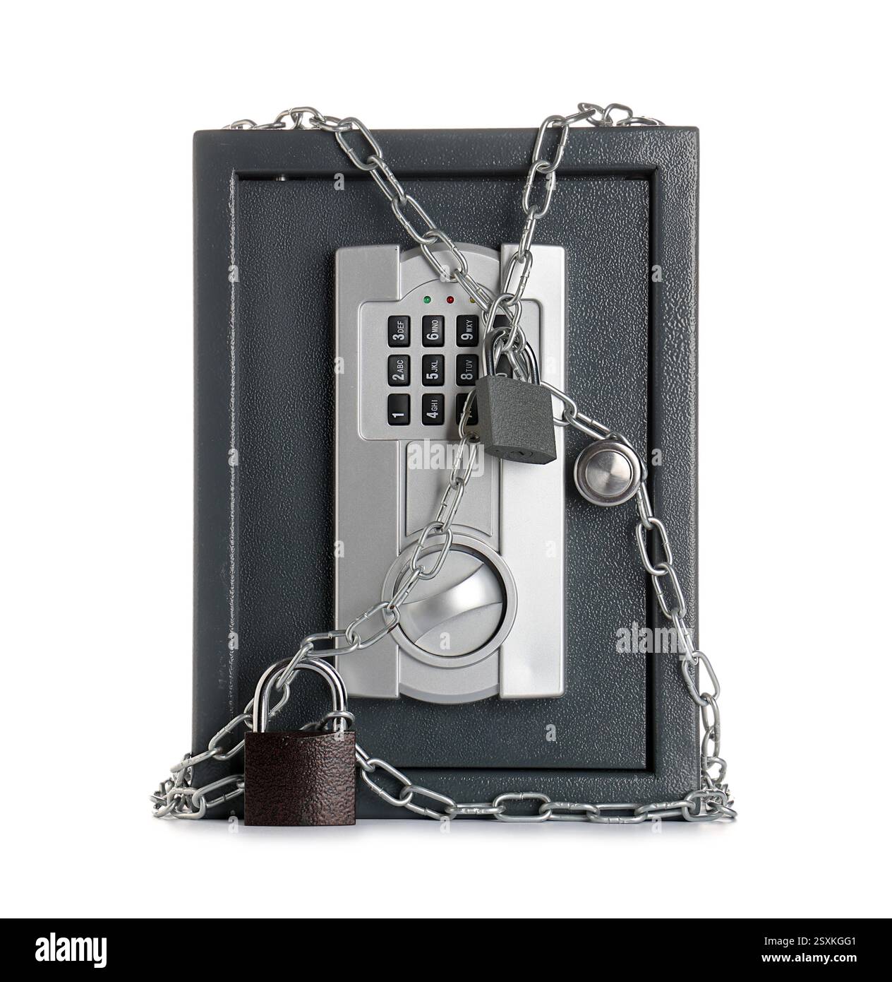 Modern safe box with chains and locks isolated on white background ...