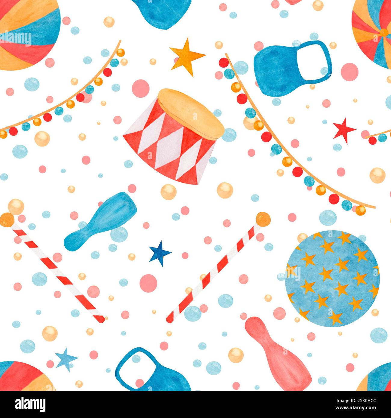 Cartoon seamless pattern watercolor hand drawn stars, ball, kettlebell ...