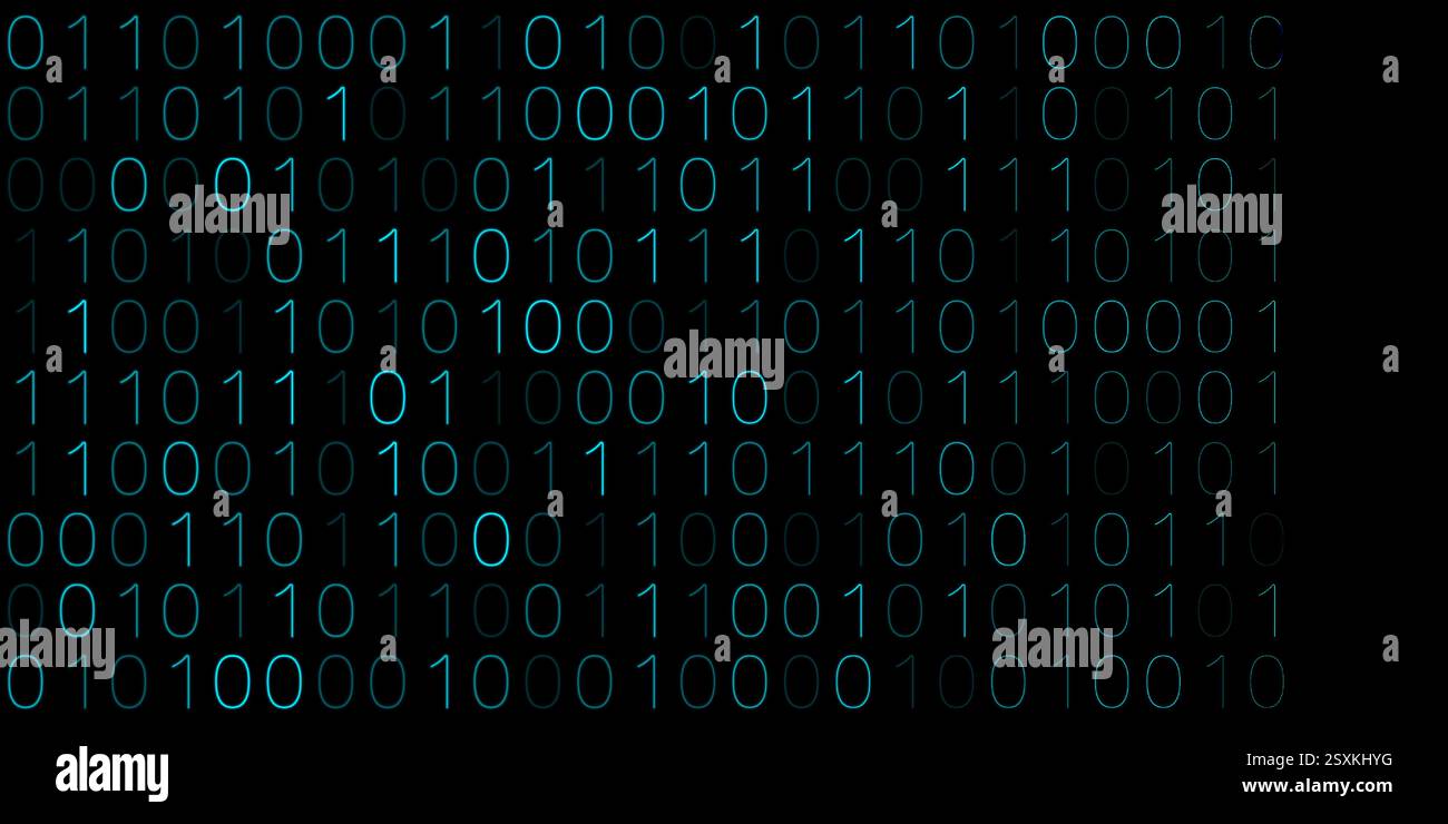 Bright glowing blue neon tech background with binary code numbers. Vector futuristic design ...