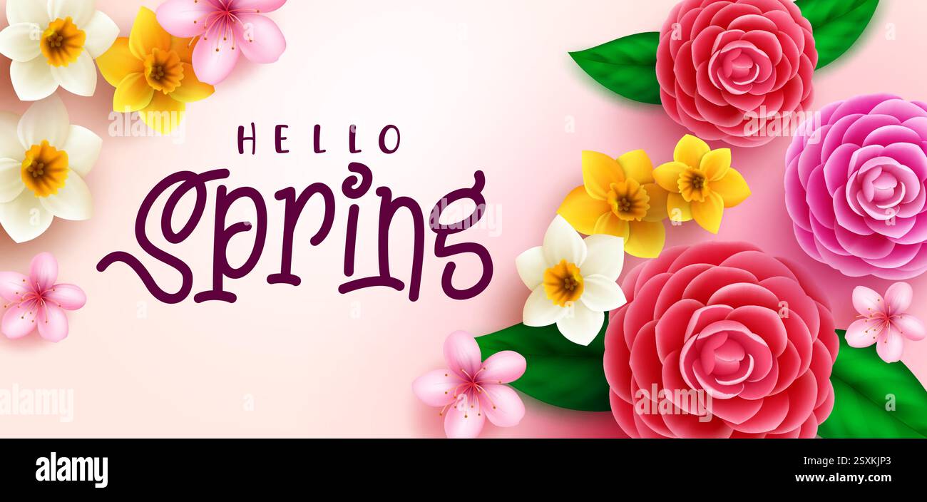 Spring flowers vector background design. Hello spring greeting text ...