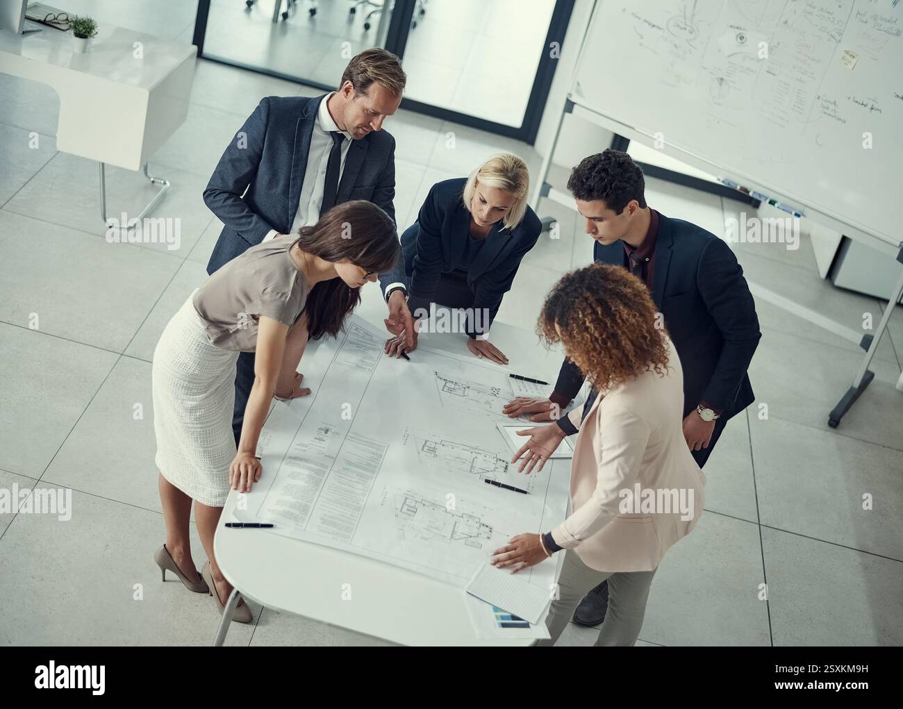 Floor plan, meeting and architecture with business people in office for ...