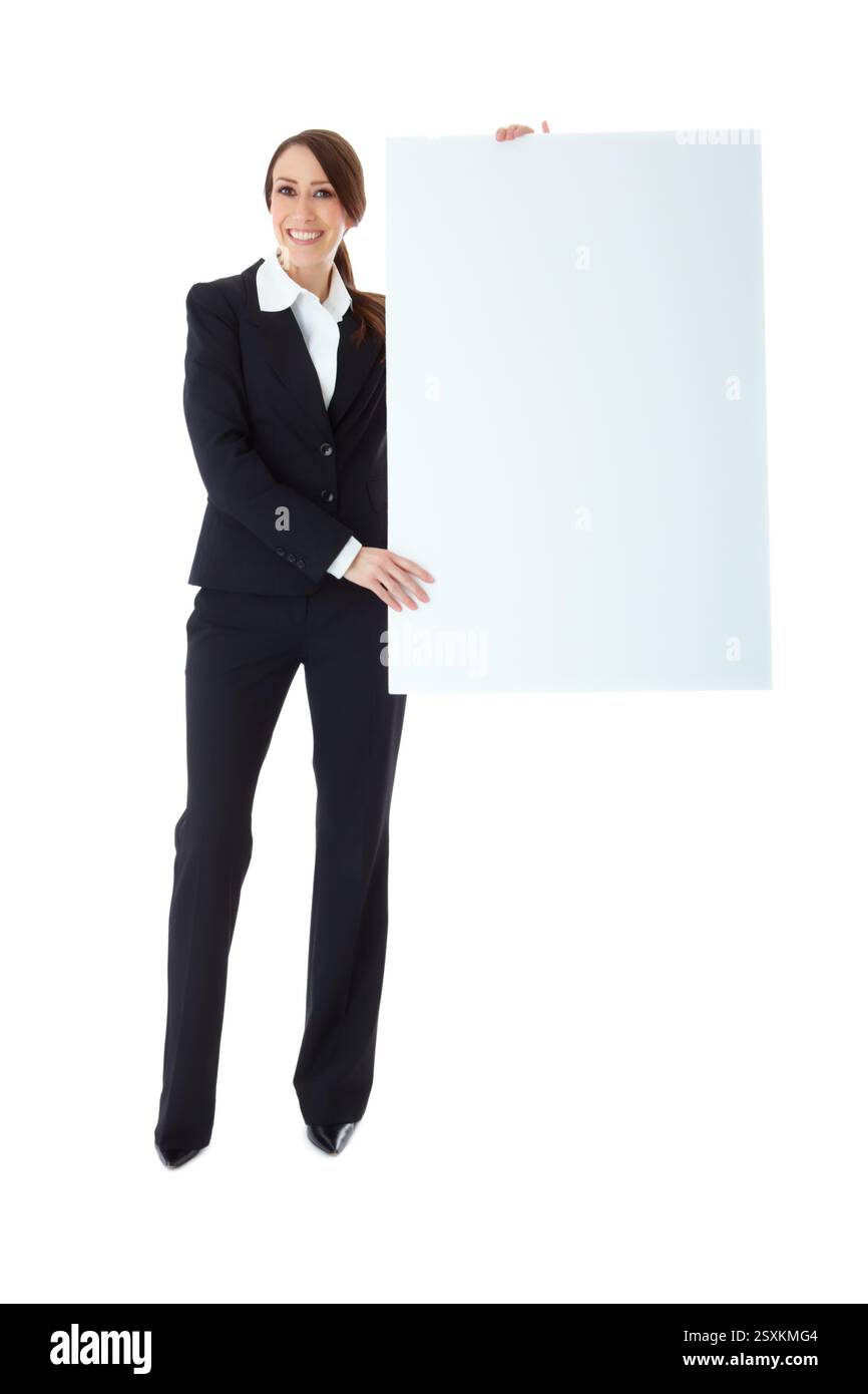 Studio, businesswoman and portrait with poster for marketing, about us ...