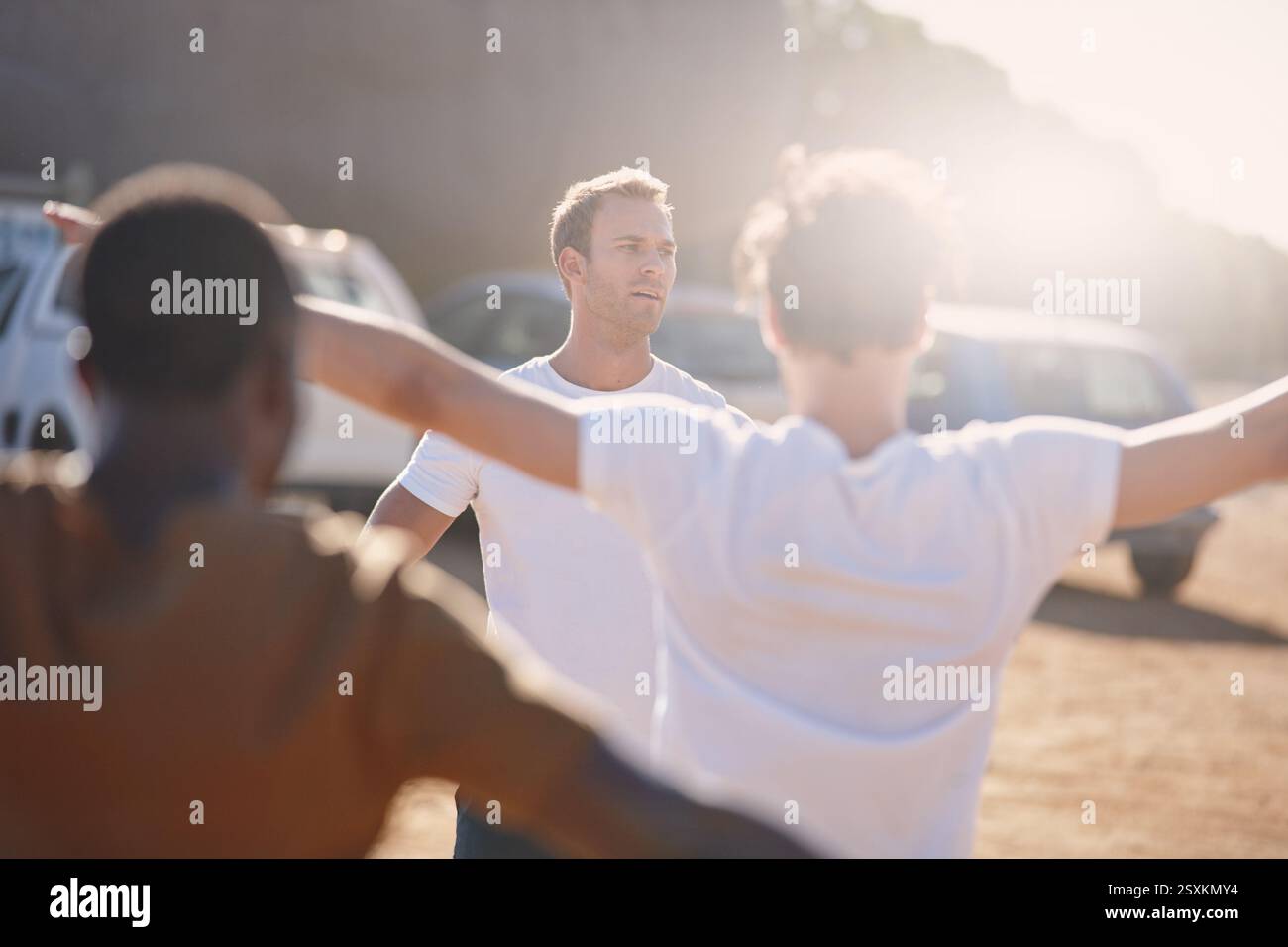 Coach, people and fitness with stretching for training, physical ...