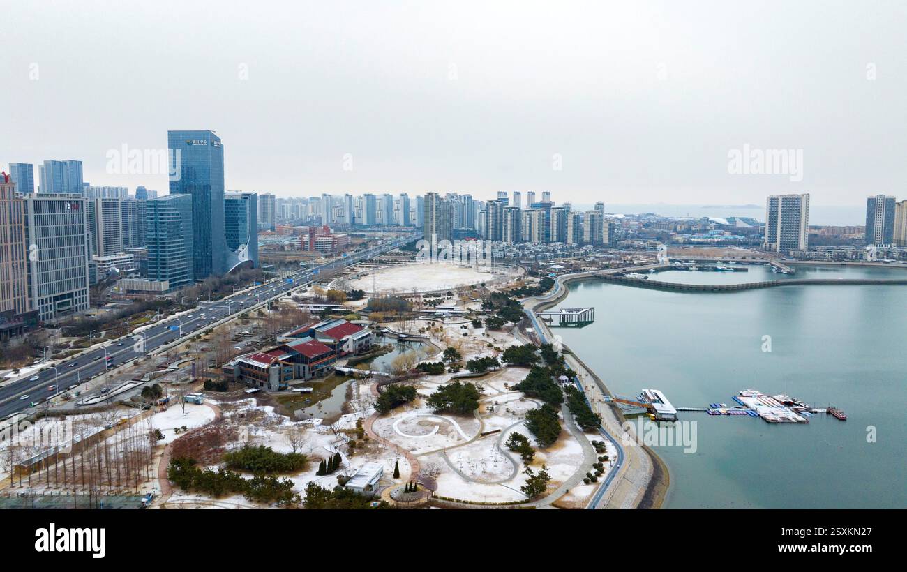 Aerial photo shows the snow scenery in Qingdao City, east China's ...