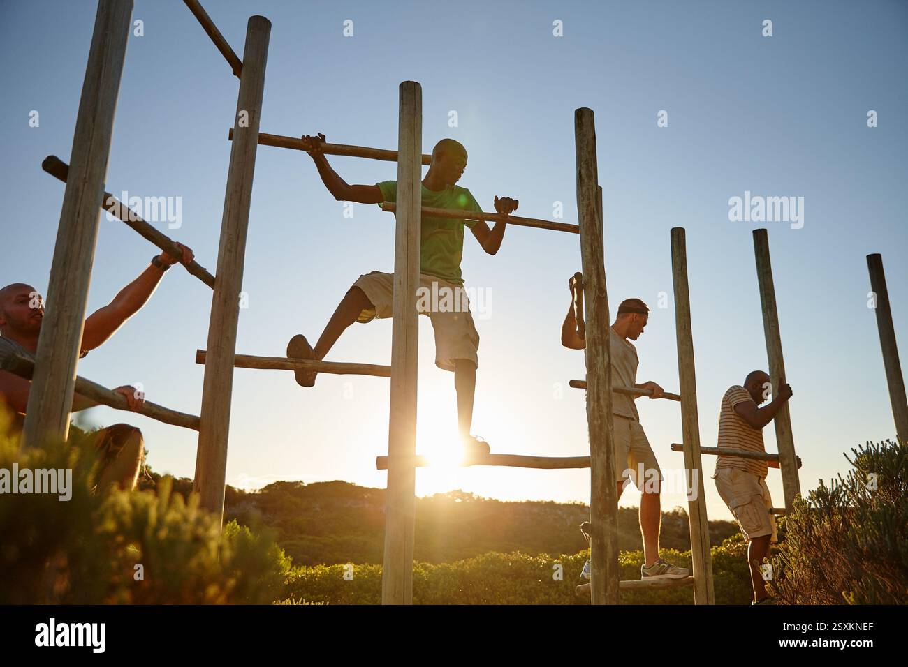 Climbing, drill and obstacle course with military men, outdoor and blue ...