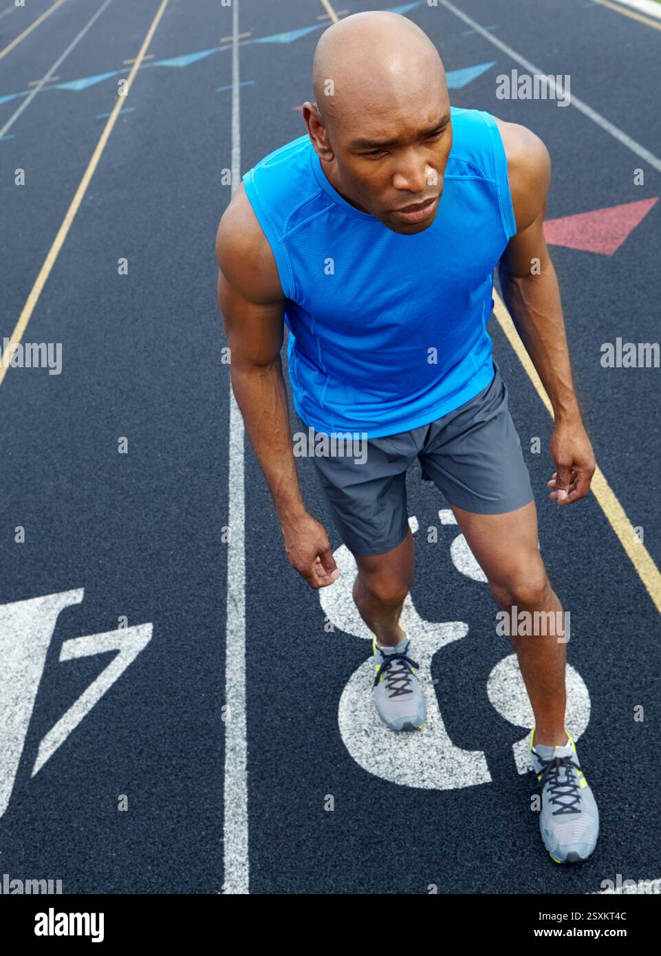 Black man, fitness and runner with stadium for race, sprint or sport ...