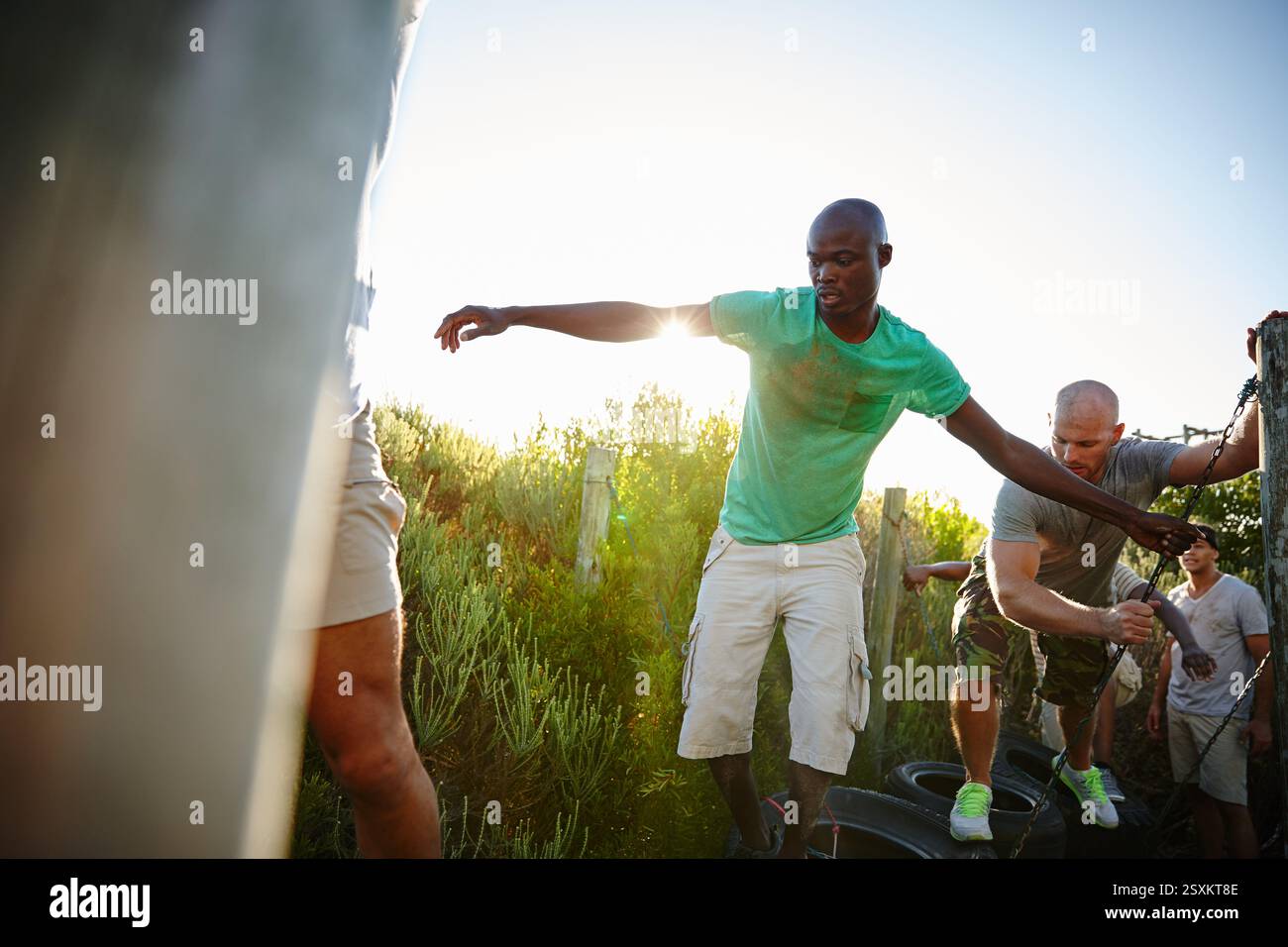 Men, obstacle course and outdoor for balance, exercise and bootcamp ...