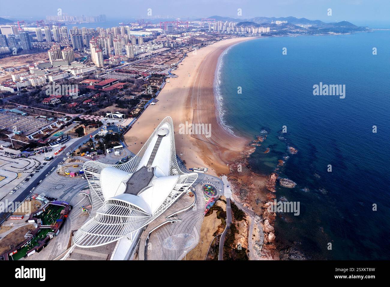 Aerial photo shows the early spring scenery of a golden beach in ...