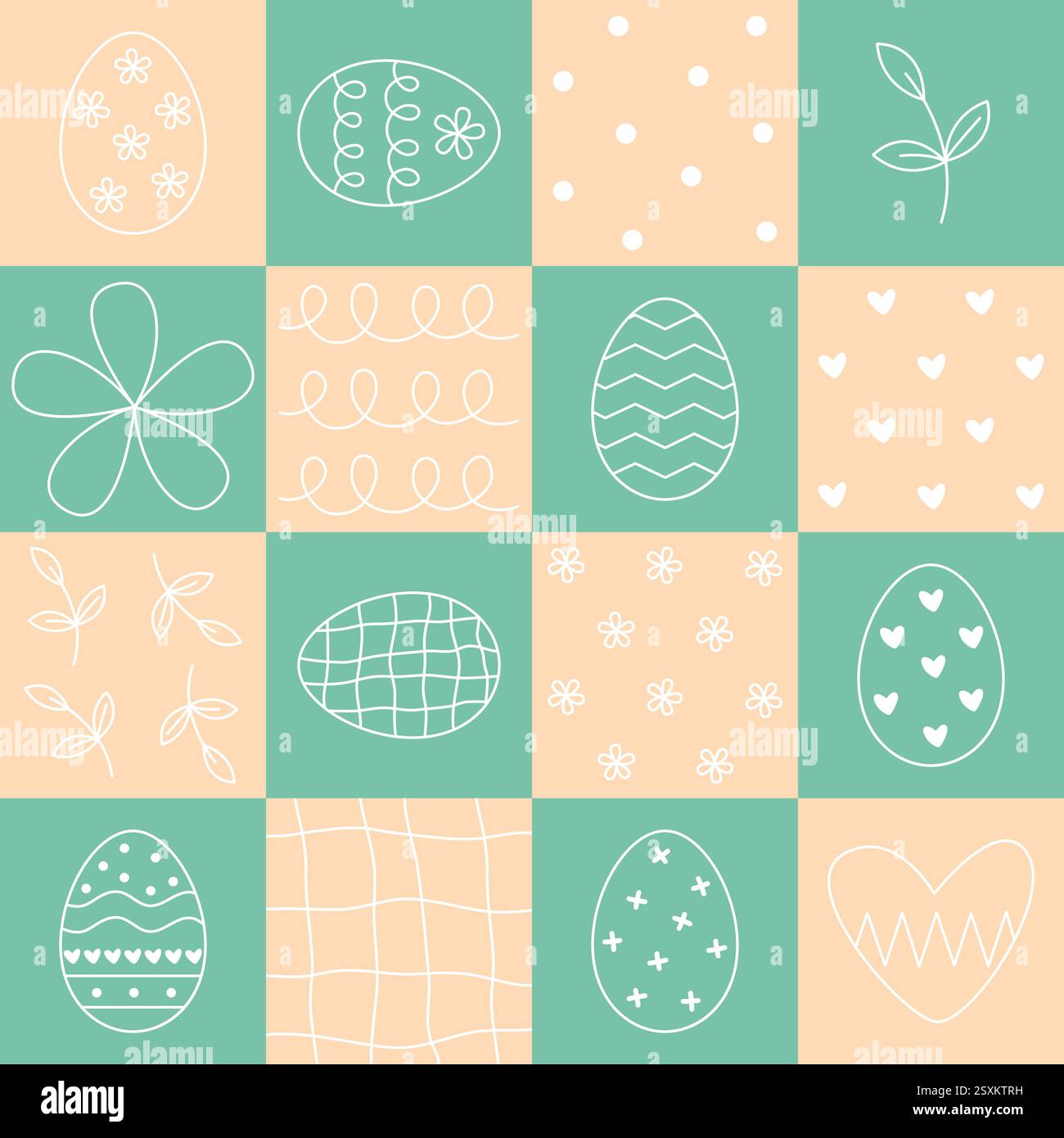 Easter seamless pattern mosaic with eggs, flowers and herbs. Cozy ...