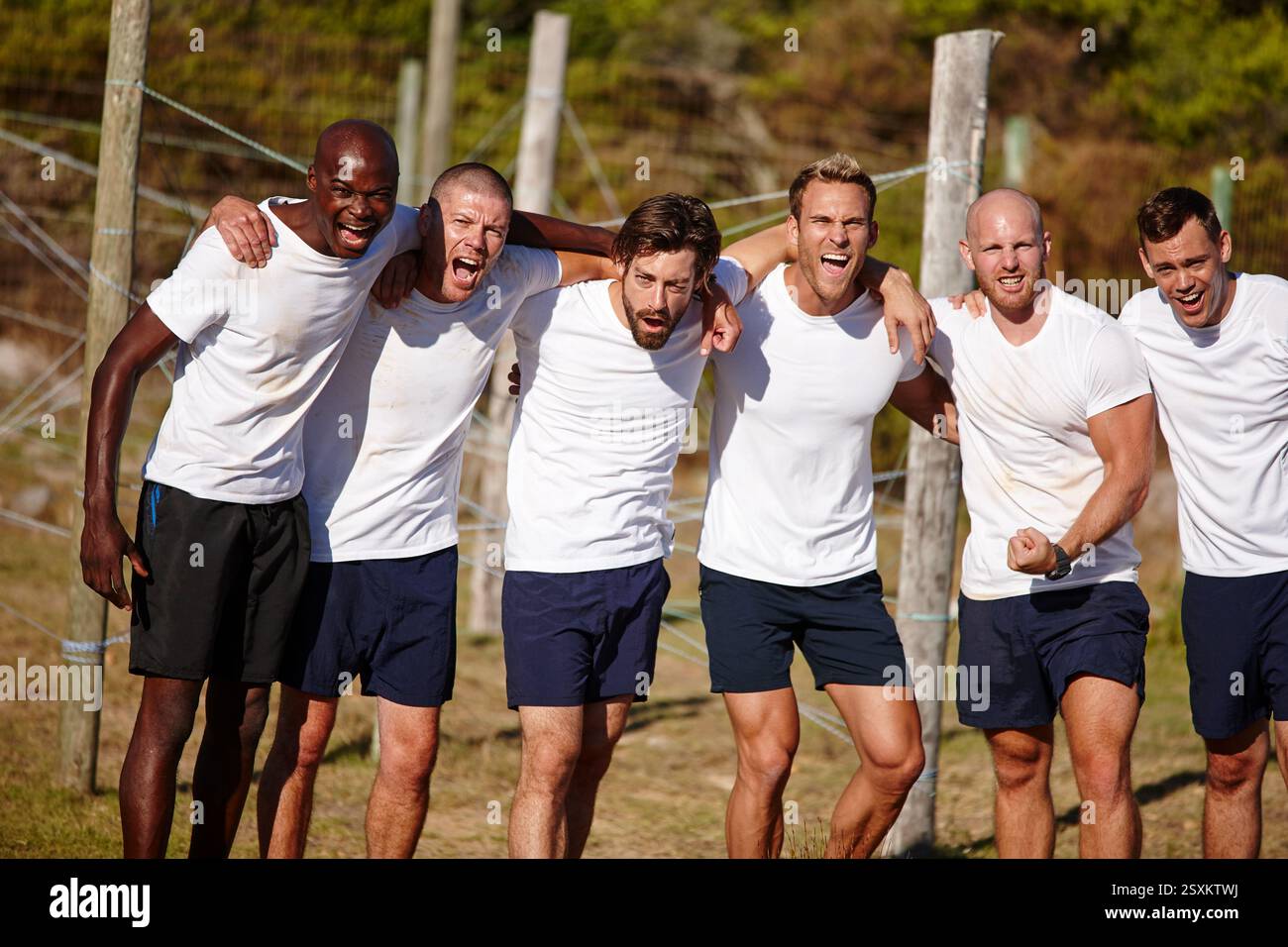 Portrait, outdoor and men with group, bootcamp for development and military service. Face, happy ...