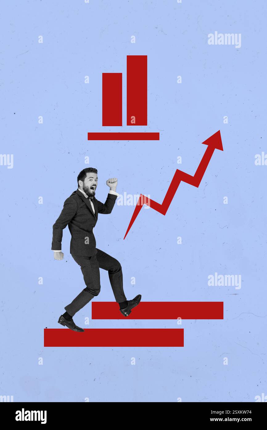 3D photo collage template trend artwork sketch of young man walk arrow ...