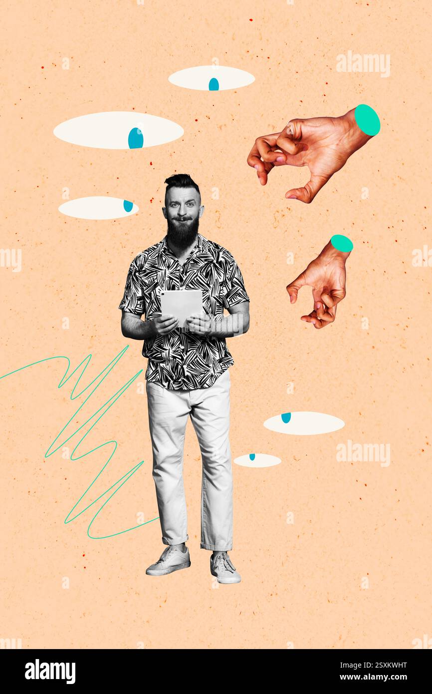 Art image vertical photo collage of happy man hold tablet eyes stare ...