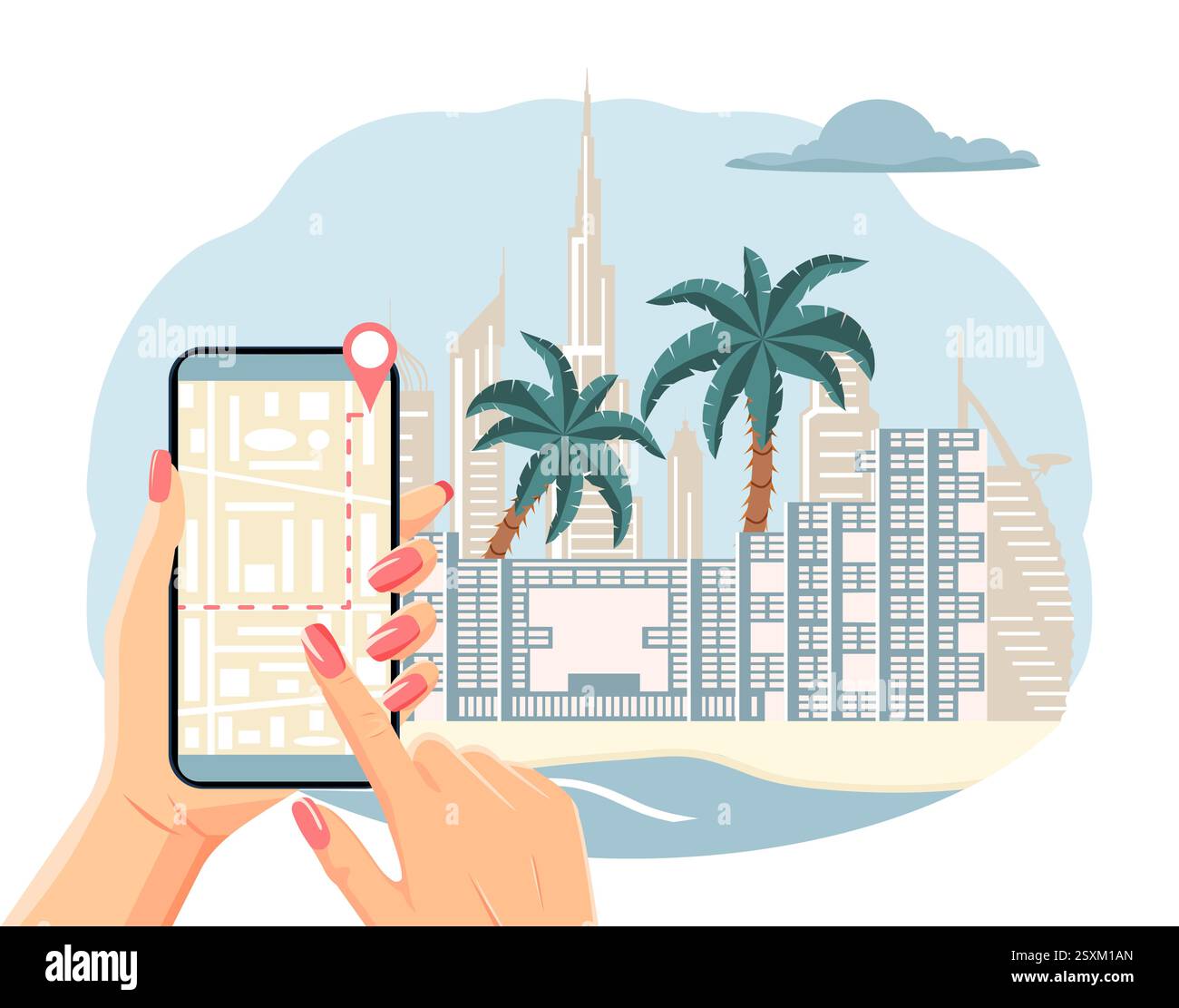 Vector illustration Walk around city. Navigation. Hands holding cell ...