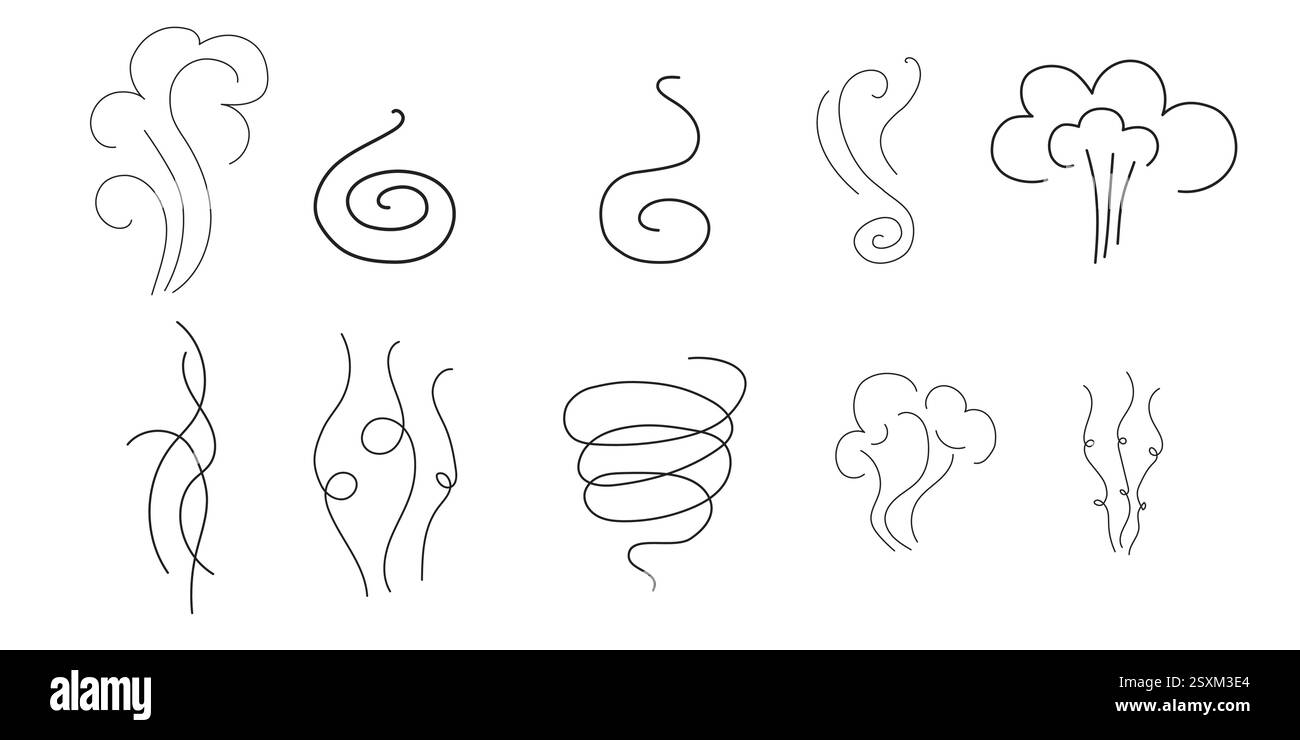 Steam and smoke lines icons set. Air wind and scent linear collection ...