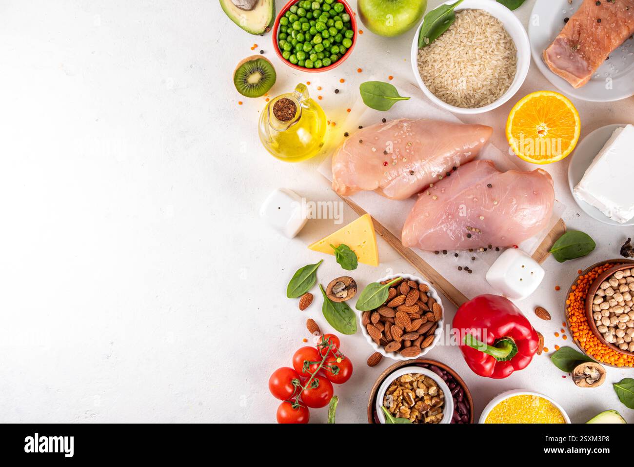 Clean Eating Diet foods background, fruits, vegetables, lean proteins ...